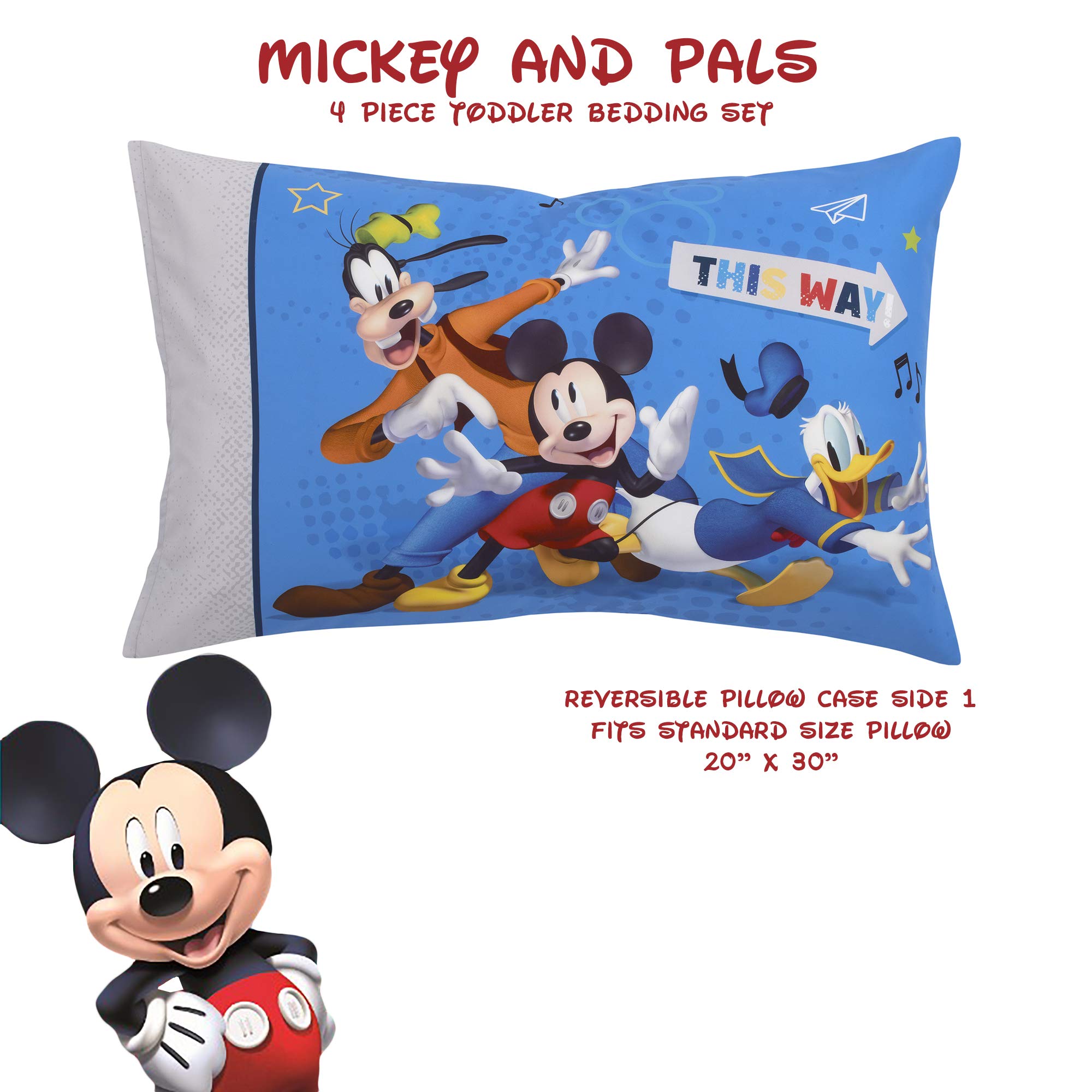 Mickey Mouse Toddler Bedding Set - Disney Mickey Mouse and Pals 4 Piece Bedding Includes Fitted Sheet, Pillowcase, Top Sheet, and Comforter Quilt - Blue