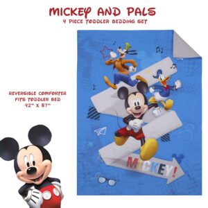 Mickey Mouse Toddler Bedding Set - Disney Mickey Mouse and Pals 4 Piece Bedding Includes Fitted Sheet, Pillowcase, Top Sheet, and Comforter Quilt - Blue