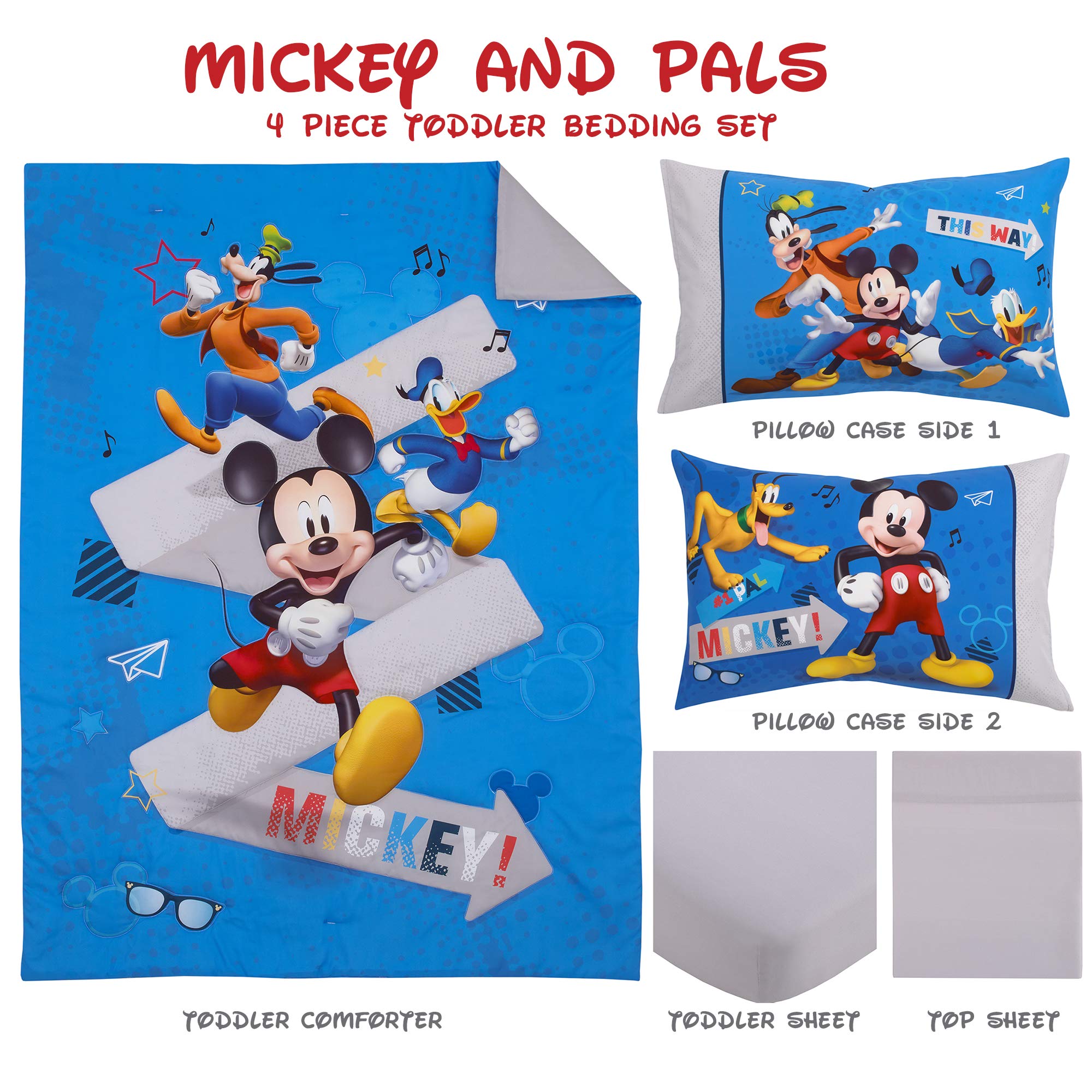 Mickey Mouse Toddler Bedding Set - Disney Mickey Mouse and Pals 4 Piece Bedding Includes Fitted Sheet, Pillowcase, Top Sheet, and Comforter Quilt - Blue