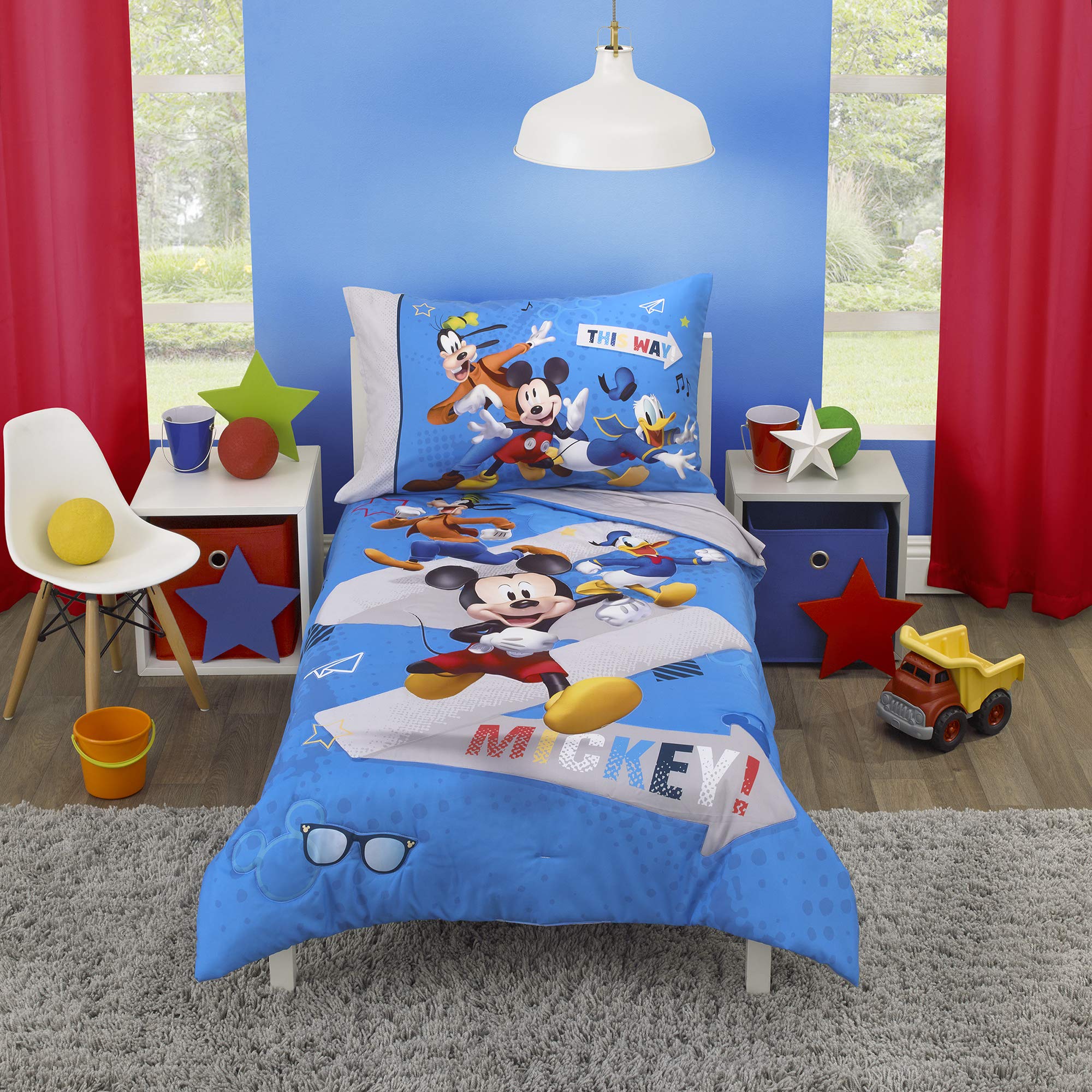 Mickey Mouse Toddler Bedding Set - Disney Mickey Mouse and Pals 4 Piece Bedding Includes Fitted Sheet, Pillowcase, Top Sheet, and Comforter Quilt - Blue