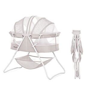 dream on me karley bassinet in cool grey, lightweight portable baby bassinet, quick fold and easy to carry , adjustable double canopy, indoor and outdoor bassinet with large storage basket.