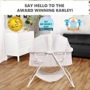 Dream On Me Karley Bassinet in Cool Grey, Lightweight Portable Baby Bassinet, Quick Fold and Easy to Carry , Adjustable Double Canopy, Indoor and Outdoor Bassinet with Large Storage Basket.