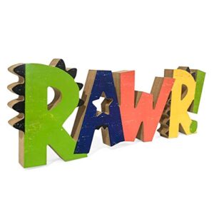 hnjoy rawr dinosaur room wood decor for boys - kids decorations for bedroom - boys nursery room wooden wall decor, birthday decoration dinosaur theme - freestanding multicolor tabletop 13.7"