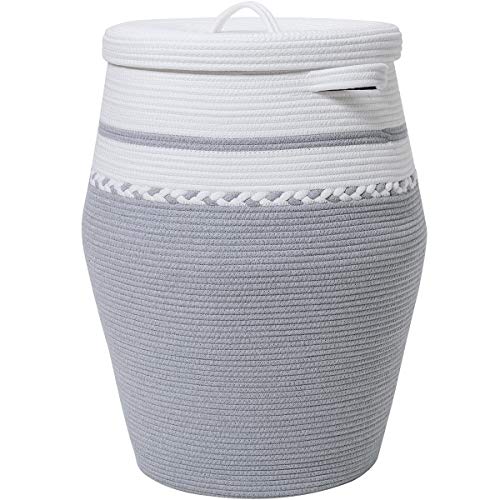 26" x 20" Tall Extra Large Storage Basket with Lid, Cotton Rope Storage Baskets, Woven Laundry Hamper with Cover, Toy Storage Bin, for Toys Blanket in Living Room, Baby Nursery, White/Grey