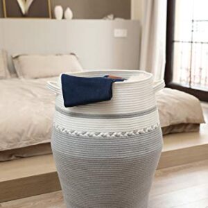 26" x 20" Tall Extra Large Storage Basket with Lid, Cotton Rope Storage Baskets, Woven Laundry Hamper with Cover, Toy Storage Bin, for Toys Blanket in Living Room, Baby Nursery, White/Grey