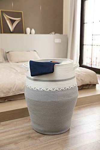 26" x 20" Tall Extra Large Storage Basket with Lid, Cotton Rope Storage Baskets, Woven Laundry Hamper with Cover, Toy Storage Bin, for Toys Blanket in Living Room, Baby Nursery, White/Grey