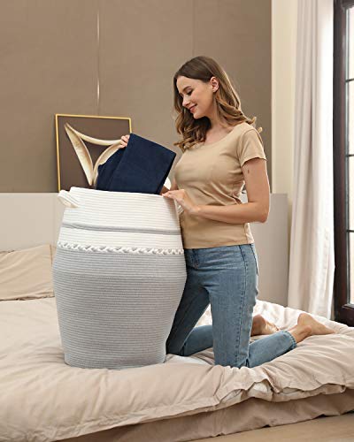 26" x 20" Tall Extra Large Storage Basket with Lid, Cotton Rope Storage Baskets, Woven Laundry Hamper with Cover, Toy Storage Bin, for Toys Blanket in Living Room, Baby Nursery, White/Grey