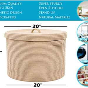 20" x 20" x 15" Extra Large Storage Basket with Lid, Cotton Rope Storage Baskets, Laundry Hamper, Toy Bin, for Toys Blankets Pillows Storage in Living Room Baby Nursery, Basket with Cover, All Beige