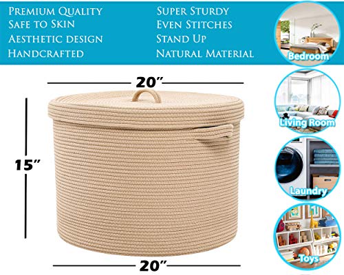 20" x 20" x 15" Extra Large Storage Basket with Lid, Cotton Rope Storage Baskets, Laundry Hamper, Toy Bin, for Toys Blankets Pillows Storage in Living Room Baby Nursery, Basket with Cover, All Beige