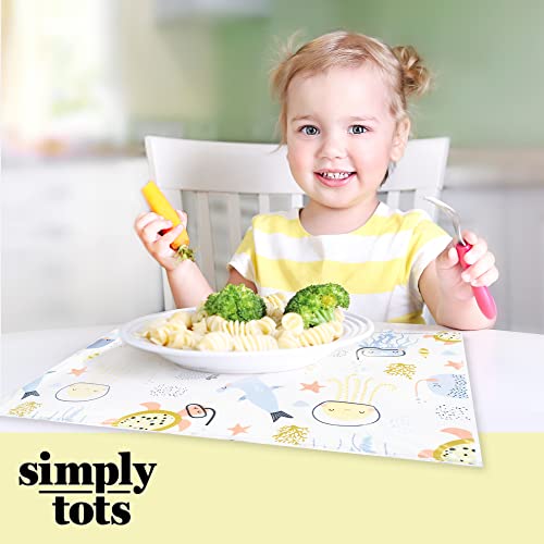 Stick-On Disposable Placemats for Baby and Kids - 60 Pack with Cute Print - 12"x18" Strong Adhesive Toddler Placemats - Easy Clean Up & Germ Free - For Restaurants, Home, or Travel | Simply Tots Brand