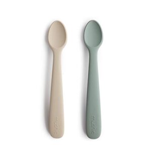 mushie silicone baby feeding spoons | 2 pack (cambridge blue/shifting sand)