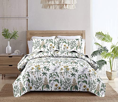 Floral Quilt Set King Size Bedspread Coverlet Green Yellow Flower Bedspread Set King Lightweight Quilt Bedding Spring Summer Floral Coverlet Soft Home Quilts Collection Bedding with 2 Pillowcases