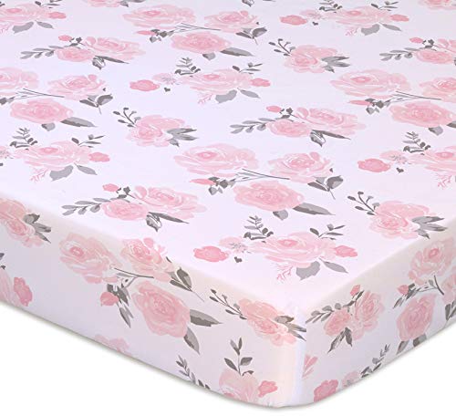 The Peanutshell Fitted Pack n Play, Playard, Mini Crib Sheets for Baby Girls | 2 Pack Set | Pink Roses and Floral