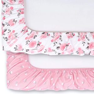 The Peanutshell Fitted Pack n Play, Playard, Mini Crib Sheets for Baby Girls | 2 Pack Set | Pink Roses and Floral