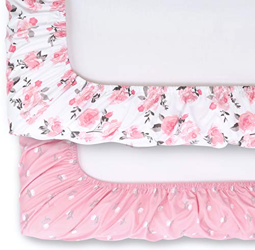 The Peanutshell Fitted Pack n Play, Playard, Mini Crib Sheets for Baby Girls | 2 Pack Set | Pink Roses and Floral