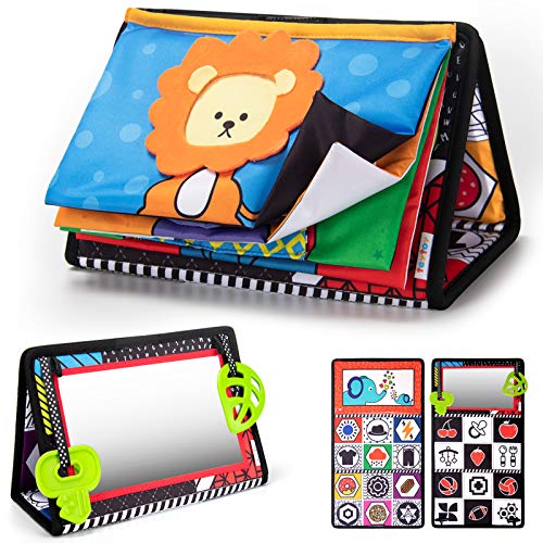 teytoy Tummy Time Mirror Newborn Toys Infant Toys 0-3 Months Brain Developmental Baby Mirror Tummy Time Toys with Cloth Book&Teethers,High Contrast Black and White Baby Toys 4 6 9 12 Month Sensory Toy