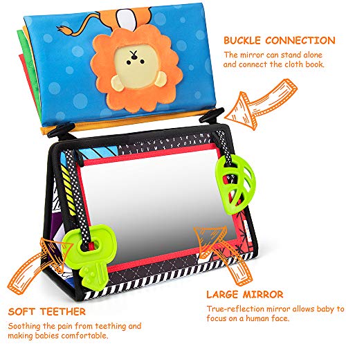 teytoy Tummy Time Mirror Newborn Toys Infant Toys 0-3 Months Brain Developmental Baby Mirror Tummy Time Toys with Cloth Book&Teethers,High Contrast Black and White Baby Toys 4 6 9 12 Month Sensory Toy