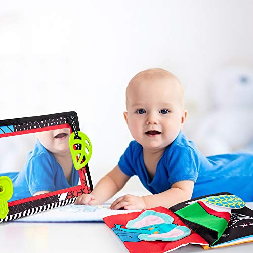 teytoy Tummy Time Mirror Newborn Toys Infant Toys 0-3 Months Brain Developmental Baby Mirror Tummy Time Toys with Cloth Book&Teethers,High Contrast Black and White Baby Toys 4 6 9 12 Month Sensory Toy