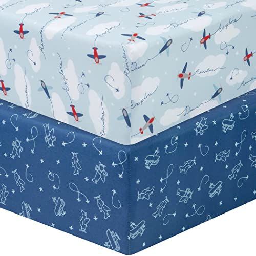 Sammy & Lou Airplanes 2-Pack Microfiber Fitted Crib Sheet Set, Fits Standard Crib Mattress 28 in x 52 in; Fully Elasticized,