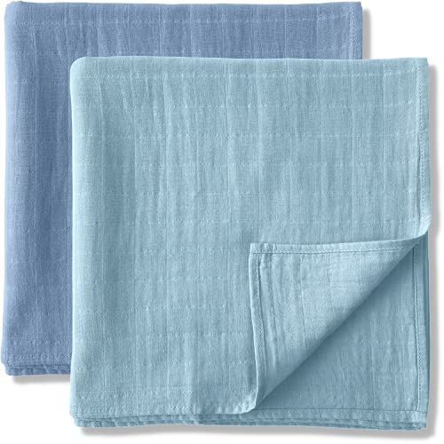 MOZAH Organic Muslin Swaddle Blankets - 100% Soft Organic Cotton - Baby Girl Blanket and Baby Boy Blanket - Ideal Baby Registry Items Unisex Essentials - Baby Swaddles (Dark and Light Blue)