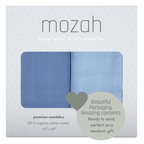 MOZAH Organic Muslin Swaddle Blankets - 100% Soft Organic Cotton - Baby Girl Blanket and Baby Boy Blanket - Ideal Baby Registry Items Unisex Essentials - Baby Swaddles (Dark and Light Blue)