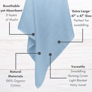 MOZAH Organic Muslin Swaddle Blankets - 100% Soft Organic Cotton - Baby Girl Blanket and Baby Boy Blanket - Ideal Baby Registry Items Unisex Essentials - Baby Swaddles (Dark and Light Blue)