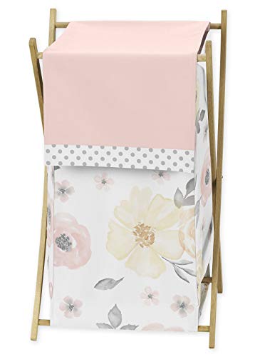 Sweet Jojo Designs Yellow and Pink Watercolor Floral Baby Kid Clothes Laundry Hamper - Blush Peach Orange Cream Grey and White Shabby Chic Rose Flower Farmhouse Polka Dot