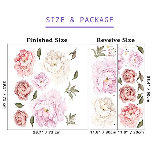 Watercolor Peony Flowers Wall Decals Floral Wall Stickers for Living Room, Delicate White & Pink Flowers Wall Posters Vinyl Blossom Art Applique for Bedroom Girls Room