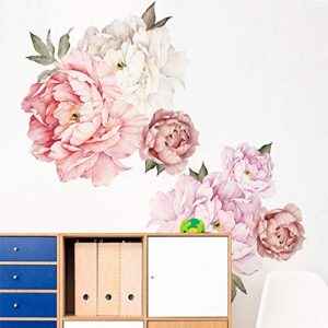 Watercolor Peony Flowers Wall Decals Floral Wall Stickers for Living Room, Delicate White & Pink Flowers Wall Posters Vinyl Blossom Art Applique for Bedroom Girls Room