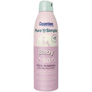 coppertone pure and simple baby sunscreen spray spf 50, zinc oxide mineral sunscreen for babies, toddler sunscreen, water resistant, broad spectrum spf 50 sunscreen, 5 oz spray sunscreen