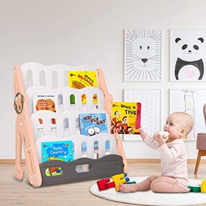 Uenjoy Kids Bookshelf Baby Book Rack Storage, Four-Frame Kids Room Decoration Bookshelf for Toddlers,Boys and Girls,High Capacity and Stability,Pink