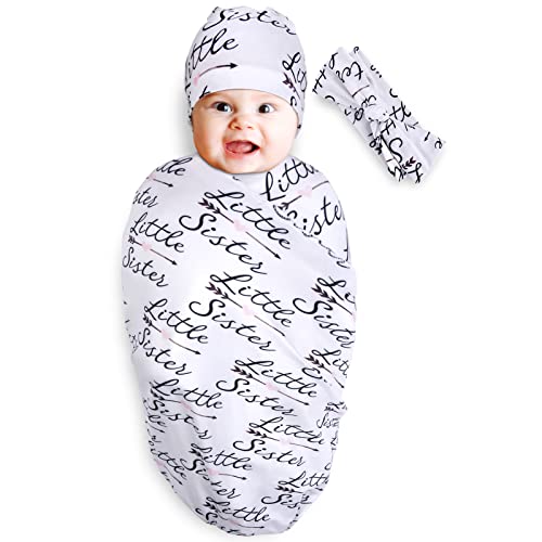 Ultra-Soft Newborn Receiving Blankets, Baby Girl Swaddle Blanket Set with Headband Hat, New Born Hospital Outfit Infant Shower Gift, 0-3 Months, Little Sister