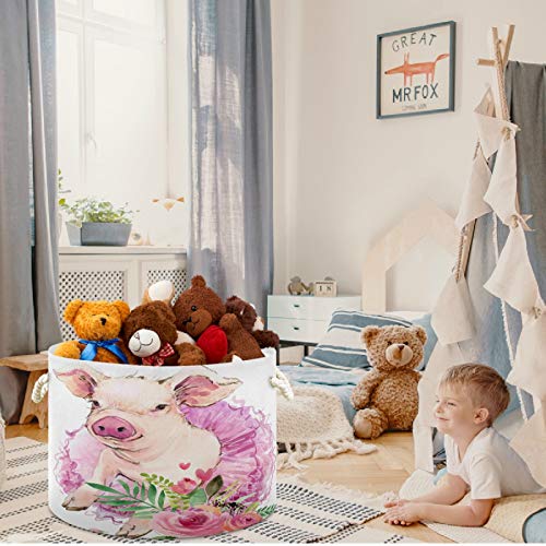 visesunny Storage Basket Cute Pig Pink Rose Nursery Hamper Basket Clothes Toy Storage Organizer Bin Box Collapsible Laundry Bag for Kid Room,Playroom,Bathroom,Living Room,Dorm,Office