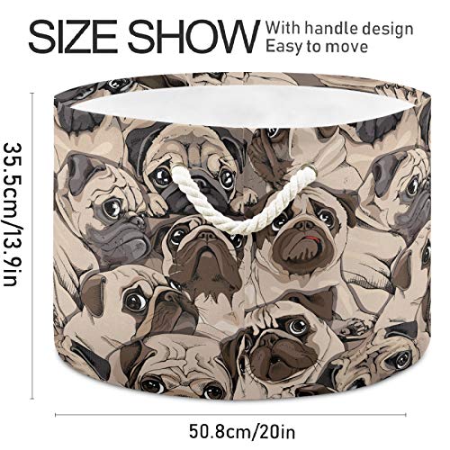 MNSRUU Storage Basket 20"x14" Vintage Cute Pug Dogs Collapsible Organizer Basket with Handles, Fabric Nursery Laundry Basket Large Capacity