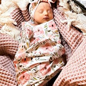 Newborn Baby Swaddle Blankets Headband Sets, Swaddle Sack, Receiving Blankets Infant Baby Gifts (Pink Flower, 0-3 Months)