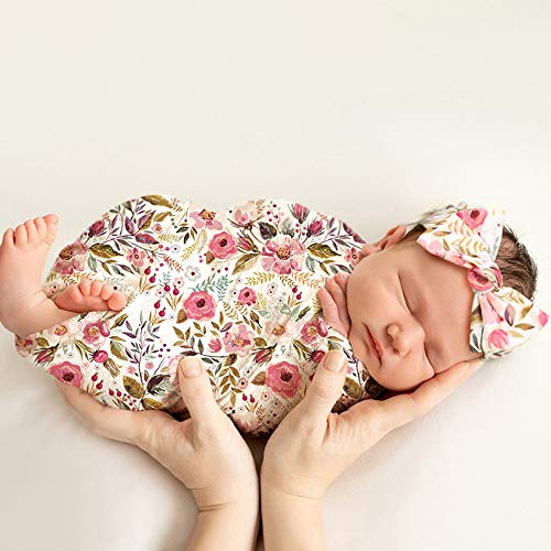 Newborn Baby Swaddle Blankets Headband Sets, Swaddle Sack, Receiving Blankets Infant Baby Gifts (Pink Flower, 0-3 Months)