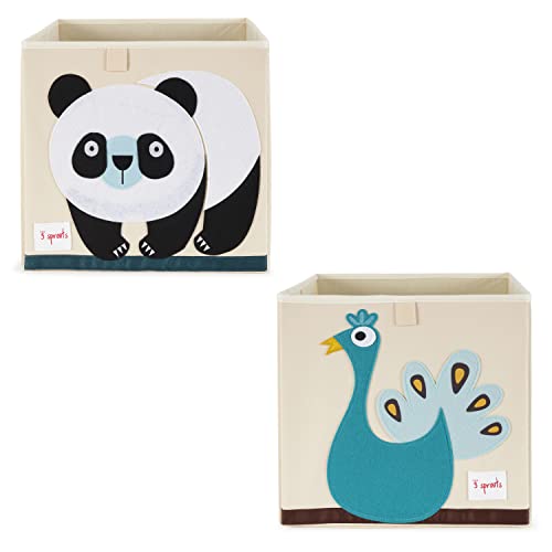 3 Sprouts Children's Large 13 Inch Foldable Fabric Storage Cube Box Panda Bear Toy Bin with Blue Peacock Toy Bin