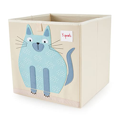 3 Sprouts Large 13 Inch Square Children's Foldable Fabric Storage Cube Organizer Box Soft Toy Bin 2 Piece Bundle with Blue Cat, Polka Dot Sheep Design