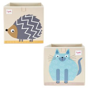 3 sprouts large 13 inch square children's foldable fabric storage cube organizer box soft toy bin 2 piece bundle with blue cat, pet hedgehog designs