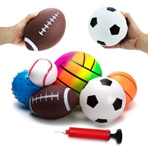 beetoy ball set for toddlers 1-3, assorted balls toddler sports balls kids balls soft toy balls - soccer ball playground balls basketball volleyball baseball rugby - inflatable with pump, 6 pcs