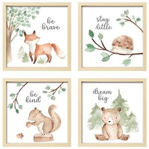 artbyhannah 4 pack framed funny woodland baby nursery wall art decor with 10x10 frames and cute safari animals prints for kids playroom decoration, light-wood