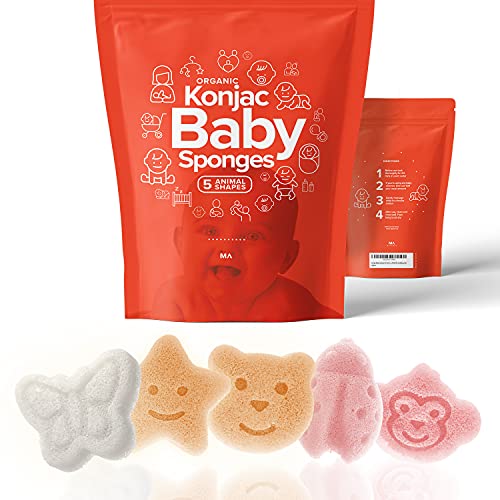 Konjac Baby Sponge for Bathing | Natural Cute Shapes | Kids Bath sponges for Infants | Toddler Bath time | Safe Organic Plant-Based | 5pcs Set : Bear, Monkey, Butterfly, Ladybug, Star