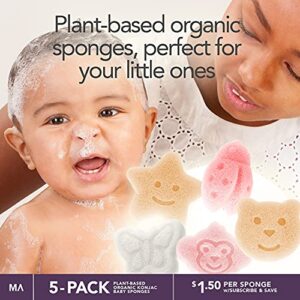 Konjac Baby Sponge for Bathing | Natural Cute Shapes | Kids Bath sponges for Infants | Toddler Bath time | Safe Organic Plant-Based | 5pcs Set : Bear, Monkey, Butterfly, Ladybug, Star