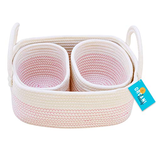 OrganiHaus Pink Baby Changing Basket | Nursery Storage Baskets for Shelves | Cotton Rope Basket w/Handles | Cloth Basket for Toys | Towel Basket Bins | Set of 3 Small Woven Basket for Storage