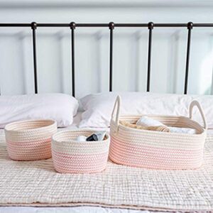 OrganiHaus Pink Baby Changing Basket | Nursery Storage Baskets for Shelves | Cotton Rope Basket w/Handles | Cloth Basket for Toys | Towel Basket Bins | Set of 3 Small Woven Basket for Storage