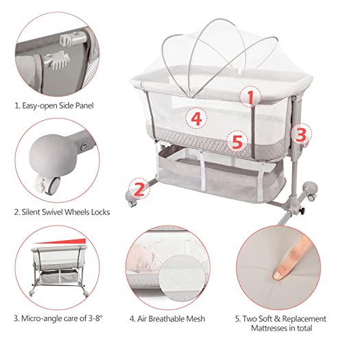 HAHASOLE Bedside Sleeper for Baby, Portable Bassinets for Safe Co-Sleeping, Easy Assemble Baby Crib with Storage Basket & Mosquito, Adjustable Bedside Bassinet for Newborn