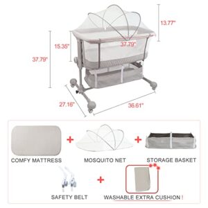 HAHASOLE Bedside Sleeper for Baby, Portable Bassinets for Safe Co-Sleeping, Easy Assemble Baby Crib with Storage Basket & Mosquito, Adjustable Bedside Bassinet for Newborn