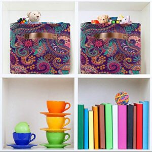 Storage Basket Cube Bohemian Paisley Purple Flower Large Collapsible Toys Storage Box Bin Laundry Organizer for Closet Shelf Nursery Kids Bedroom,15x11x9.5 in,1 Pack