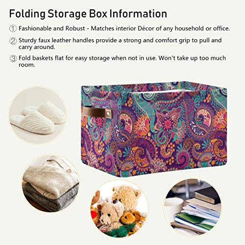 Storage Basket Cube Bohemian Paisley Purple Flower Large Collapsible Toys Storage Box Bin Laundry Organizer for Closet Shelf Nursery Kids Bedroom,15x11x9.5 in,1 Pack