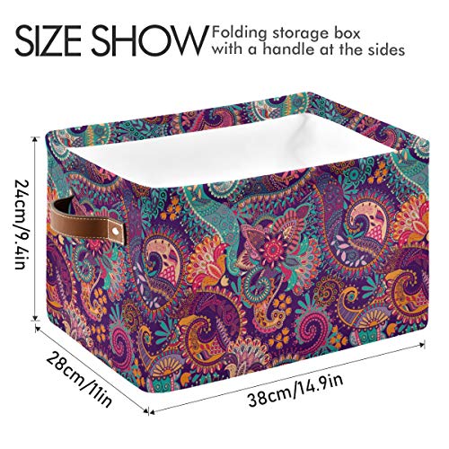 Storage Basket Cube Bohemian Paisley Purple Flower Large Collapsible Toys Storage Box Bin Laundry Organizer for Closet Shelf Nursery Kids Bedroom,15x11x9.5 in,1 Pack